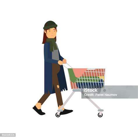 집 없는 여자 실업 남성 도움 만화 벡터 일러스트 레이 션에 대 한 필요 그녀의 소유와 쇼핑 카트를 밀고 구걸 사회 문제에 대한 스톡 벡터 아트 및 기타 이미지 Istock