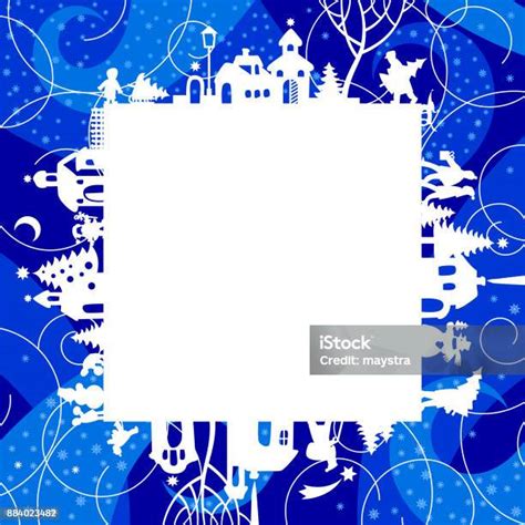 주택과 사람들 눈이 파란색 배경에 실루엣으로 크리스마스와 새 해의 프레임 및 인사말 카드 겨울에 대한 스톡 벡터 아트 및 기타 이미지 겨울 공휴일 교회 Istock
