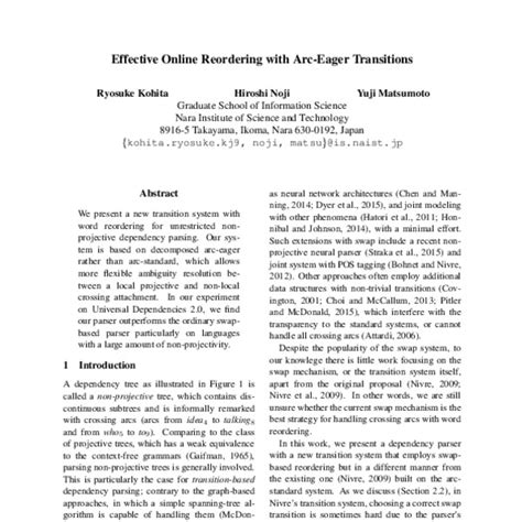 Effective Online Reordering With Arc Eager Transitions Acl Anthology