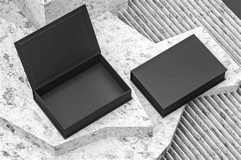 하드 하드 하드 마그넷 커버가있는 검은 빈 하드 판지 직사각형 책 상자 브랜딩 프리젠 테이션을위한 돌 기하학적 플레이트 템플릿에