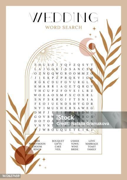 보호 웨딩 단어 검색 퍼즐 신부 샤워 크로스 워드 퀴즈 활동 카드 약혼 독신 파티 인쇄 가능 신부에 대한 스톡 벡터 아트 및