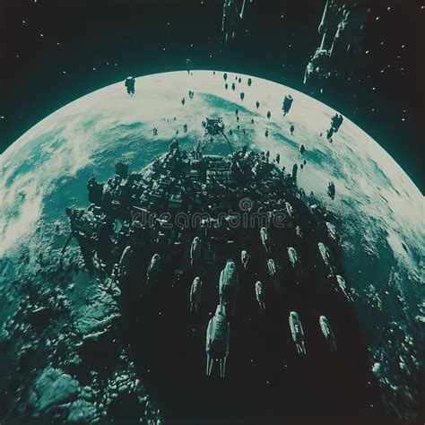 Fleet Of Alien Spacecraft Launching From A Massive Space Station Stock