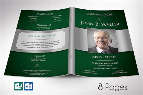 Green Silver Funeral Program Template Set Word And Publisher