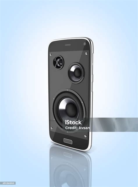뮤지컬 스마트폰 휴대 전화 음악 애플 리 케이 션 핸드폰 및 블루 그라데이션에 스피커 3d 배경 0명에 대한 스톡 사진 및 기타 이미지 Istock