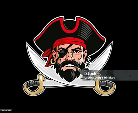 해적 선장 머리와 두 개의 칼 마스코트 로고 템플릿 벡터 그림입니다 인물 사진에 대한 스톡 벡터 아트 및 기타 이미지 인물