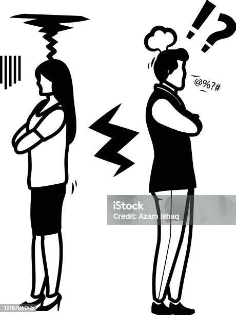 서로 친구가 되지 않는 개념 대립적인 자세를 취하는 커플 팔짱을 끼고 벡터 아이콘 디자인 기분과 느낌 기호 감정적인 캐릭터 기호