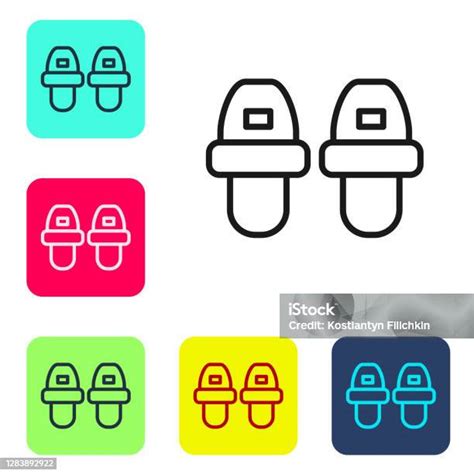 블랙 라인 호텔 슬리퍼 아이콘 흰색 배경에 격리 플립 플롭 기호 색상 정사각형 단추로 아이콘을 설정합니다 벡터 검은색에 대한 스톡 벡터 아트 및 기타 이미지 Istock