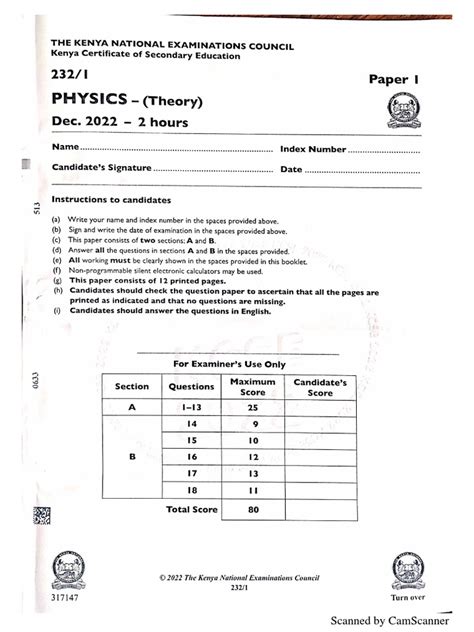 Kcse 2022 Physics P1 Pdf