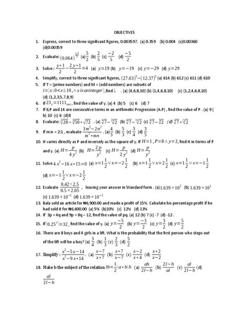Mathematics Questions Obj Pdf Square Root Mathematics