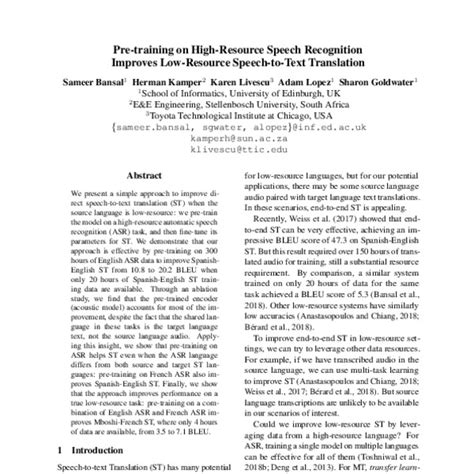 Pre Training On High Resource Speech Recognition Improves Low Resource Speech To Text