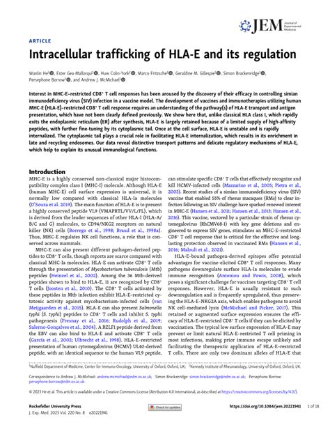 PDF Intracellular Trafficking Of HLA E And Its Regulation