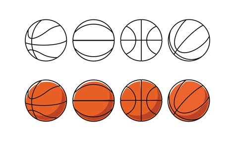 Basketball Ball In Many View Position Cartoon And Outline Icon Flat Art Design Illustration