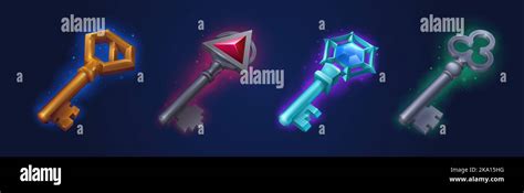 Game Keys Props Icons Gamer Assets Golden Iron Silver And Crystal