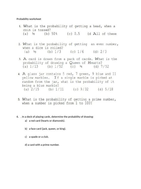 Probability Worksheet Pdf
