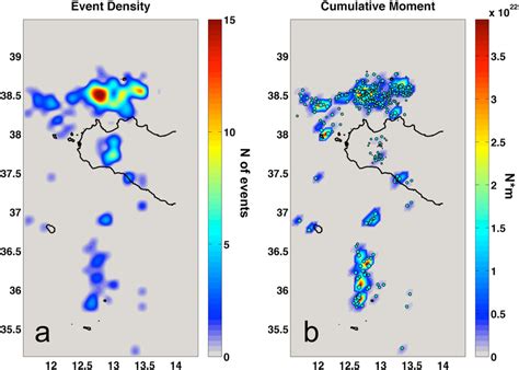 Event Density Map Of The Relocated Events And Corresponding Cumulative