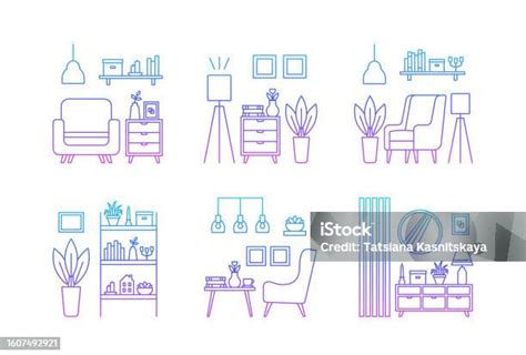 아이콘 설정 인테리어 디자인 컨셉 거실 인테리어 그라데이션 흰색 배경에 벡터 선 그림 가구에 대한 스톡 벡터 아트 및 기타 이미지 Istock