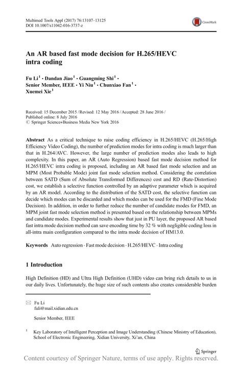 An Ar Based Fast Mode Decision For H265hevc Intra Coding Request Pdf