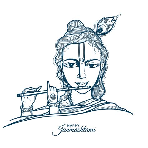 Hand Draw Sketch Lord Krishna In Happy Janmashtami Festival Card
