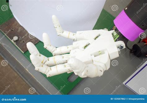 Futuristic Man Hand White Robot Arm Printed On A D Printer Editorial Photography Image Of