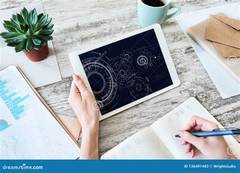 Engineering Diagram On Device Screen Technology And Automation Concept Stock Image Image Of