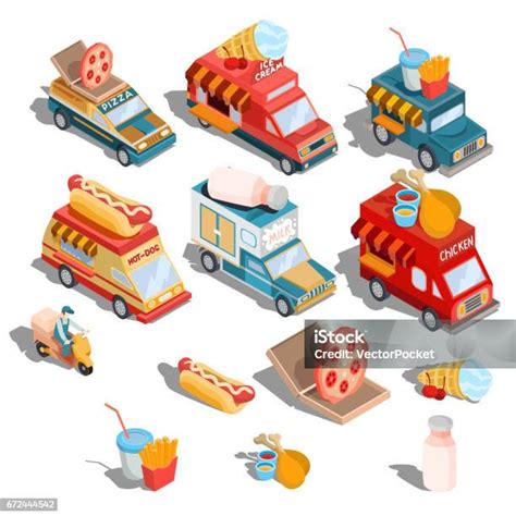 자동차의 아이소메트릭 삽화 빠른 배달 음식 음식 트럭피자 아이스크림 핫도그 우유의 닭고기 튀김에 대한 스톡 벡터 아트 및 기타 이미지 닭고기 튀김 교통 관련 직업