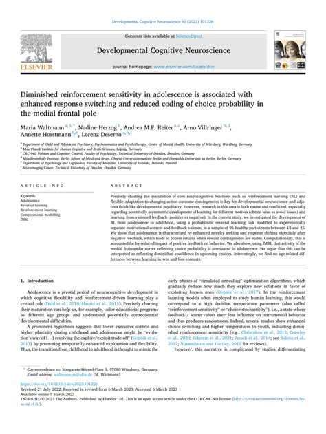 Pdf Diminished Reinforcement Sensitivity In Adolescence Is Associated With Enhanced Response