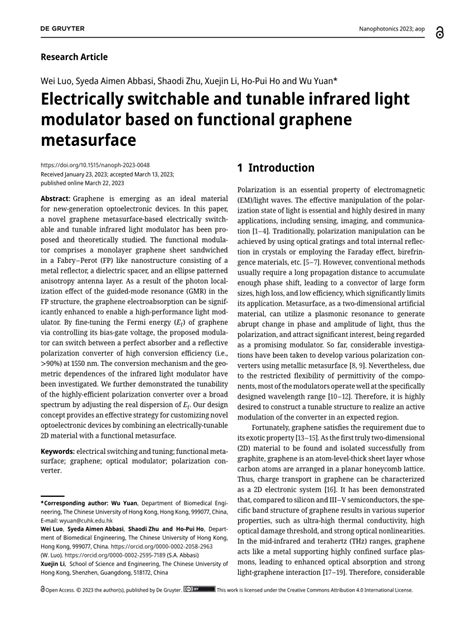 Pdf Electrically Switchable And Tunable Infrared Light Modulator Based On Functional Graphene