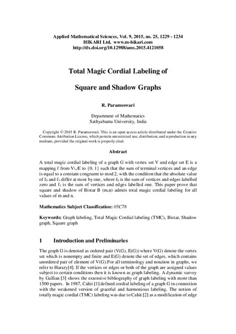 Pdf Total Magic Cordial Labeling Of Square And Shadow Graphs