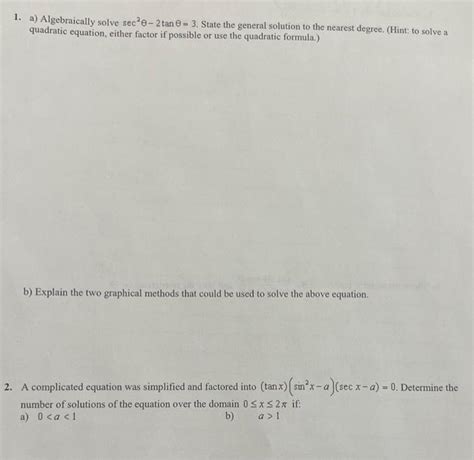 Solved 1 A Algebraically Solve Sec2θ−2tanθ 3 State The