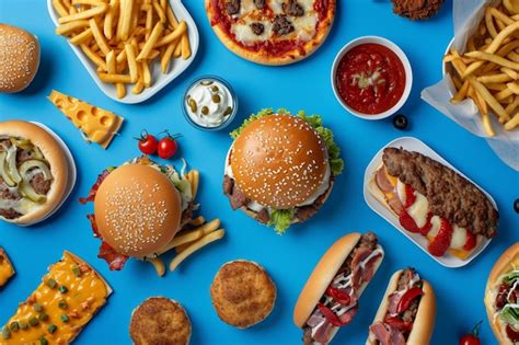 Premium Photo Different Types Of Food On Blue Background