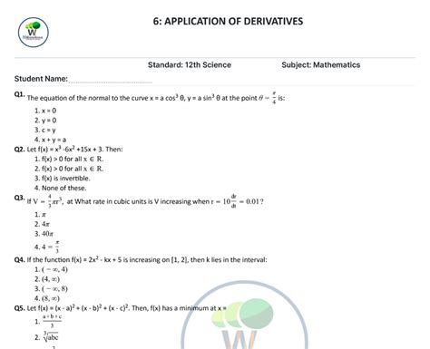 Application Of Derivatives Class 12 Worksheet With Answer
