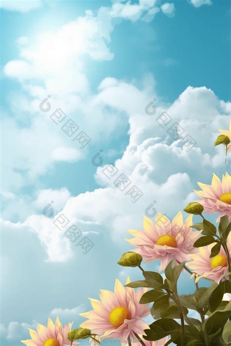 蓝天白云鲜花插画图片 包图网