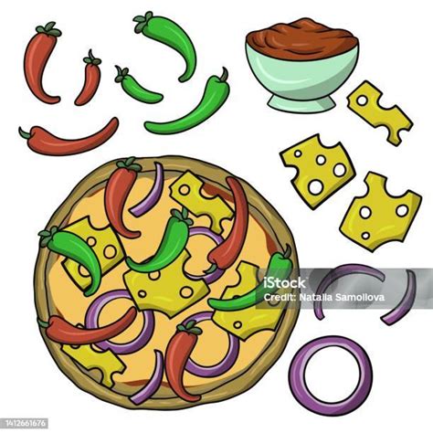 야채가 든 피자 고추로 피자를 만들기위한 아이콘 세트 만화 스타일의 벡터 일러스트 레이 션 건강에 좋지 않은 음식에 대한 스톡 벡터 아트 및 기타 이미지 Istock