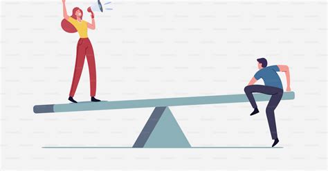 직장에서의 균형 가치 평등 및 비교 개념 거대한 시소에서 균형을 잡는 작은 캐릭터 확성기에서 고함을 지르는 여자 그네를 타려고 하는 남자 만화 사람들 벡터