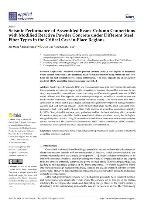 Pdf Seismic Performance Of Assembled Beamcolumn Connections With Modified Reactive Powder