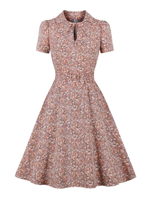 Ditsy Floral Print Vintage Dress Vacation Collar Short Sleeve Flared Dress With Belt Womens