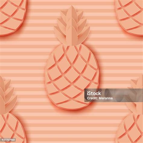 열 대 종이 파인애플 여름 이국적인 정글 과일 완벽 한 패턴 줄무늬 배경 최소 종이 컷 스타일 파스텔 색상 0명에 대한 스톡 벡터 아트 및 기타 이미지 Istock