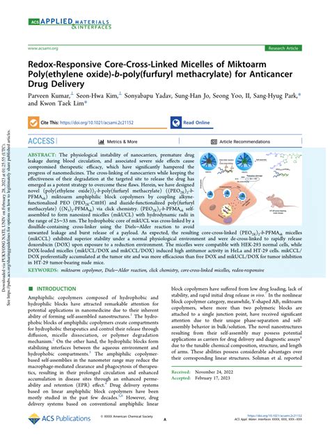 Pdf Redox Responsive Core Cross Linked Micelles Of Miktoarm Poly Ethylene Oxide B Poly
