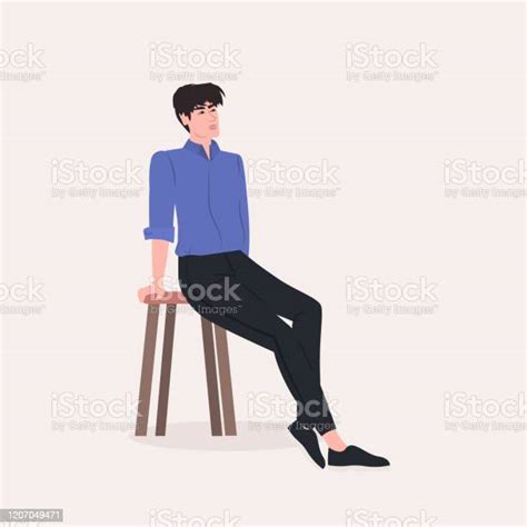 아름다운 남자 앉아 에 의자 남자 모델 포즈 남성 만화 캐릭터 에 패션 옷 전체 길이 플랫 가공의 인물에 대한 스톡 벡터 아트 및 기타 이미지 가공의 인물 개념 계절