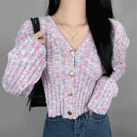 하이퀄무지개팝콘 믹스 컬러 브이넥 가디건 니트 금장단추 에이블리