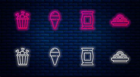 와플 콘 가방 또는 패킷 감자 칩 닭 다리 패키지 상자 및 아시아 국수 그릇에 라인 아이스크림을 설정합니다 벽돌 벽에 빛나는