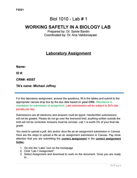 Lab 1 Lab Assignment F2021 1 Biol 1010 Lab 1 Working Safetly In