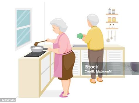 두 노인 요리 음식 함께 집에 머물 안전 자기 고립 코로나 바이러스 질병에서 자신을 보호 Clvid19 가족의 일상 요리하기 음식 준비에 대한 스톡 벡터 아트 및 기타