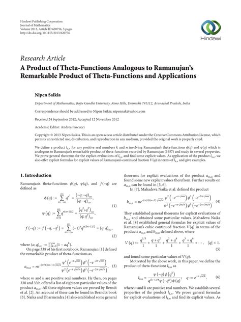 pdf a product of theta functions analogous to ramanujan sremarkable
