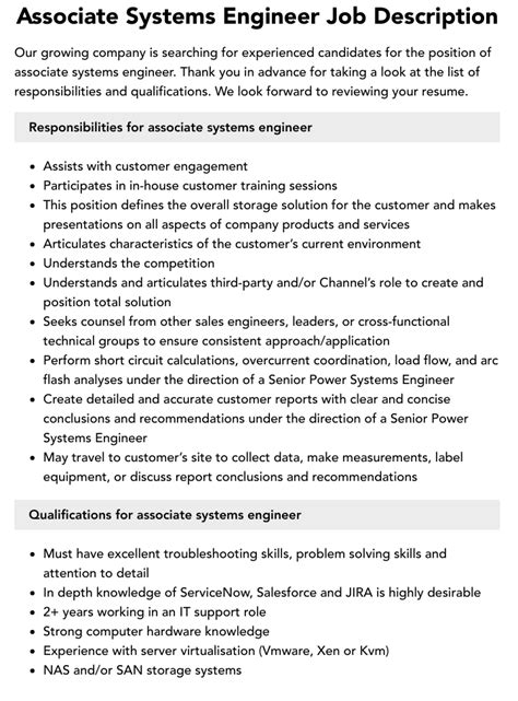 Associate Systems Engineer Job Description Velvet Jobs