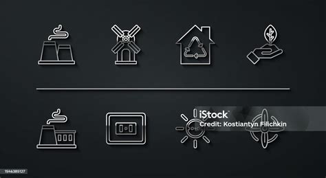 라인 공장 손에 공장 태양 에너지 패널 전기 콘센트 풍력 터빈 및 재활용 아이콘이 있는 에코 하우스를 설정합니다 벡터 건축하기에 대한 스톡 벡터 아트 및 기타 이미지