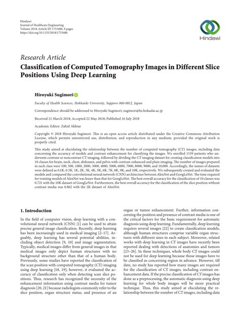 Pdf Classification Of Computed Tomography Images In Different Slice Positions Using Deep Learning