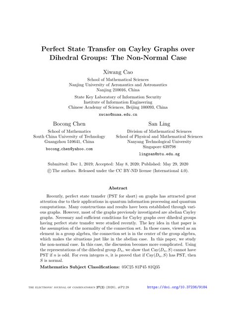 Pdf Perfect State Transfer On Cayley Graphs Over Dihedral Groups The Non Normal Case