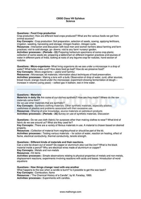 Cbse Syllabus For Class 8 Science Mathongo
