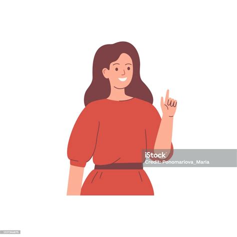 행복한 젊은 여성은 그녀의 검지 손가락을 제기하고 뭔가 에 대한 포인트 가리키기에 대한 스톡 벡터 아트 및 기타 이미지 가리키기 여자 한 명의 여자만 Istock